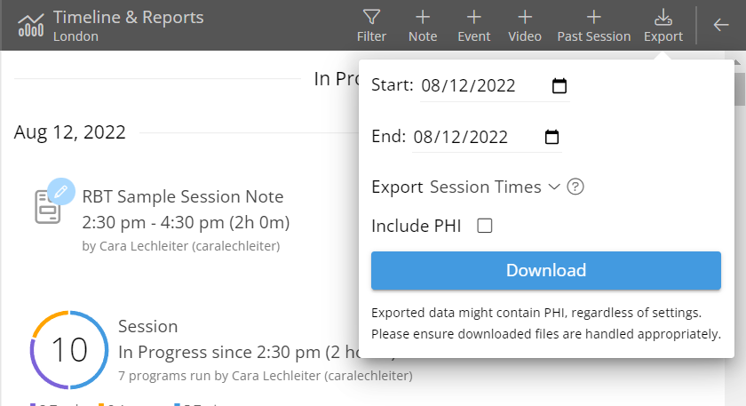 Exporting Data (Session Note Reports, Note Data, Session Reports, Learner Data)